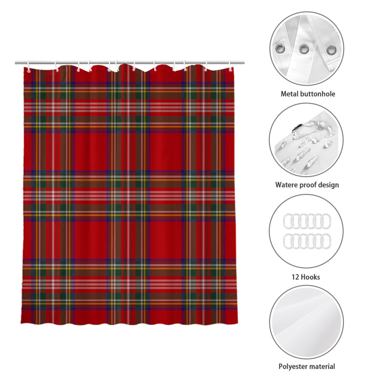 GOOESING Christmas Plaid Shower Curtain Scottish Tartan Farmhouse Bathroom Shower Curtains for Bathtub Decoration with Hooks 72x72 Inch, Red and Green