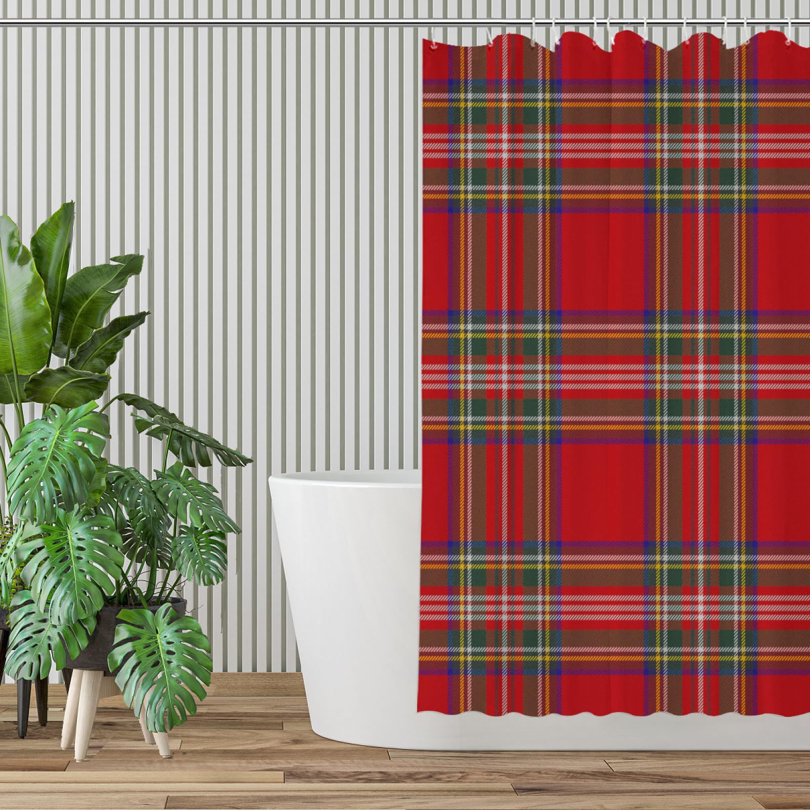 GOOESING Christmas Plaid Shower Curtain Scottish Tartan Farmhouse Bathroom Shower Curtains for Bathtub Decoration with Hooks 72x72 Inch, Red and Green