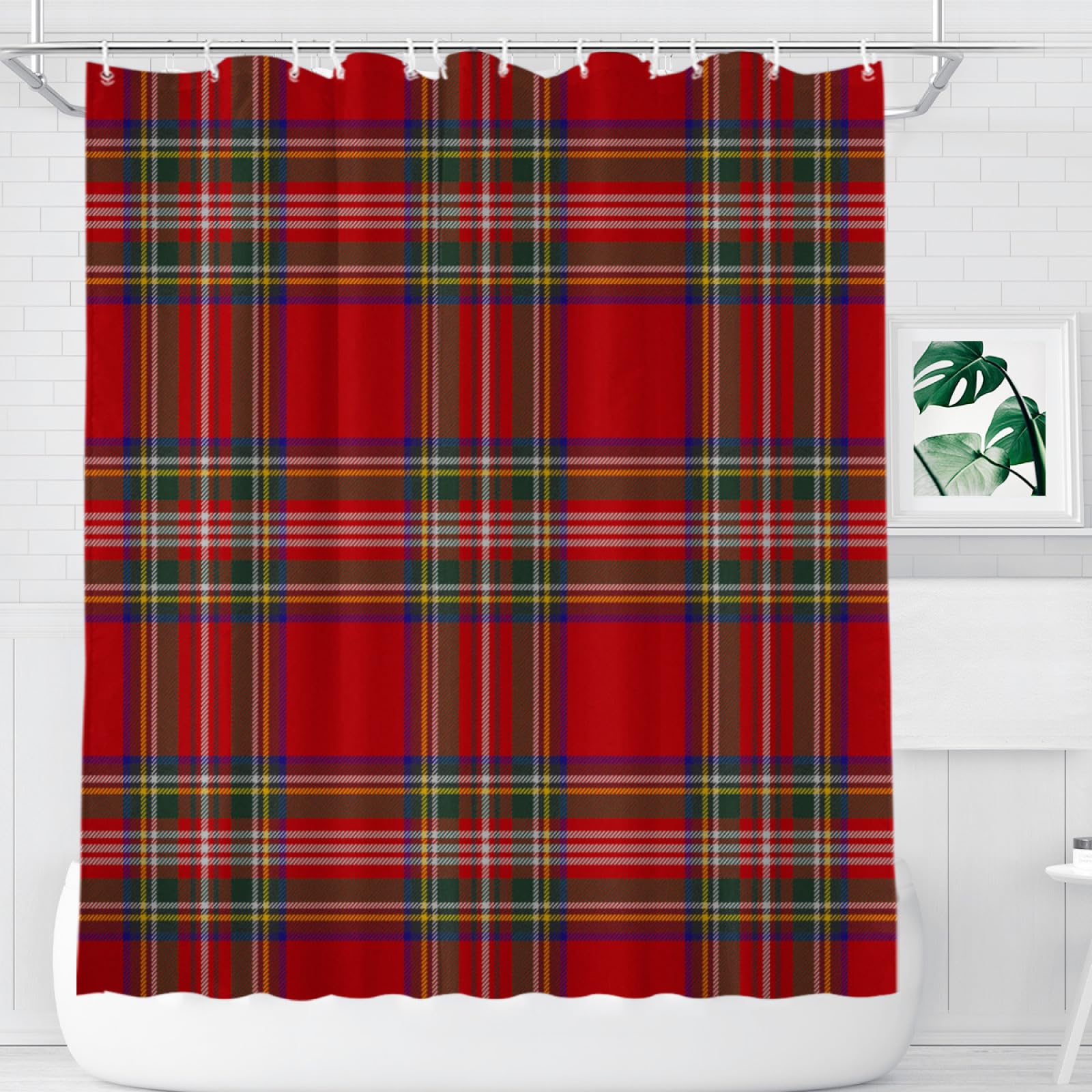 GOOESING Christmas Plaid Shower Curtain Scottish Tartan Farmhouse Bathroom Shower Curtains for Bathtub Decoration with Hooks 72x72 Inch, Red and Green