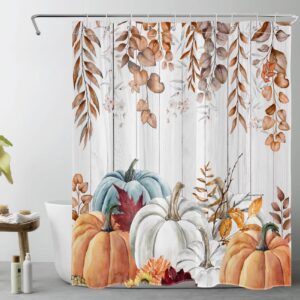 lb fall pumpkin shower curtain for bathroom, brown autumn eucalyptus leaf with flower on vintage grey wood fabric shower curtain with hooks, farmhouse plant bathroom curtain shower set, 60" w x 72" l