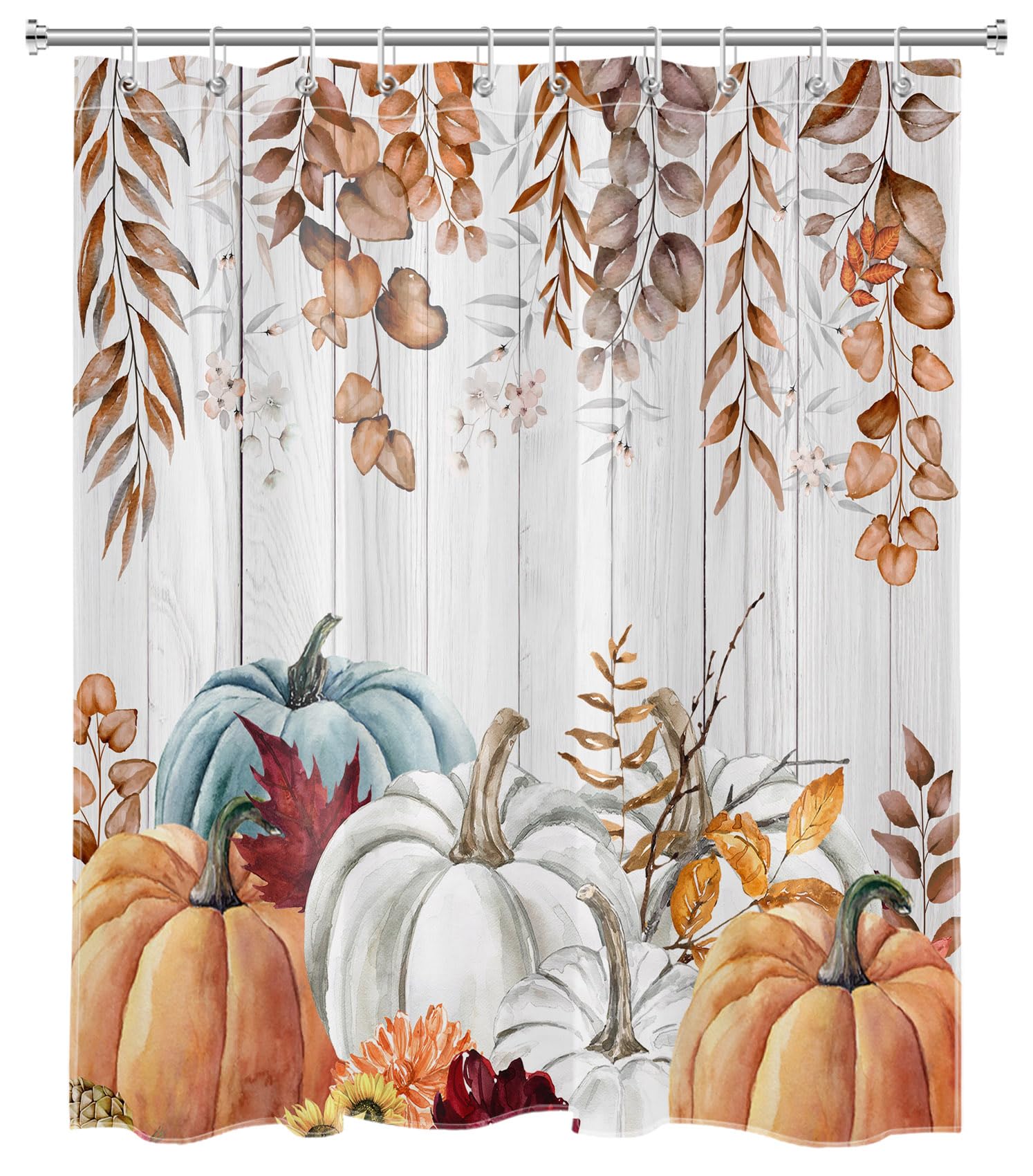 LB Fall Pumpkin Shower Curtain for Bathroom, Brown Autumn Eucalyptus Leaf with Flower on Vintage Grey Wood Fabric Shower Curtain with Hooks, Farmhouse Plant Bathroom Curtain Shower Set, 60" W x 72" L