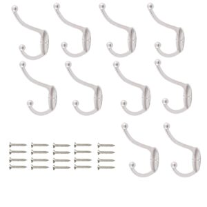 10 pack round head wall hooks coat hooks, hooks for hanging towels clothes robes double-prong wall mounted decorative coat hanger with 20 pcs screws (silver)