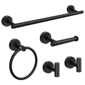 23.6 in towel bar set, 5 piece matte black stainless steel bathroom hardware set include towel bar, toilet paper holder, towel ring, 2 robe towel hooks, bathroom accessory kit