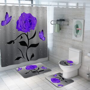 planially 4pcs purple rose flower shower curtain sets,rose flower bathroom sets with shower curtain, toilet lid rug, contour mat and bath mat, 12 hooks for bathroom set decor,72 * 72in