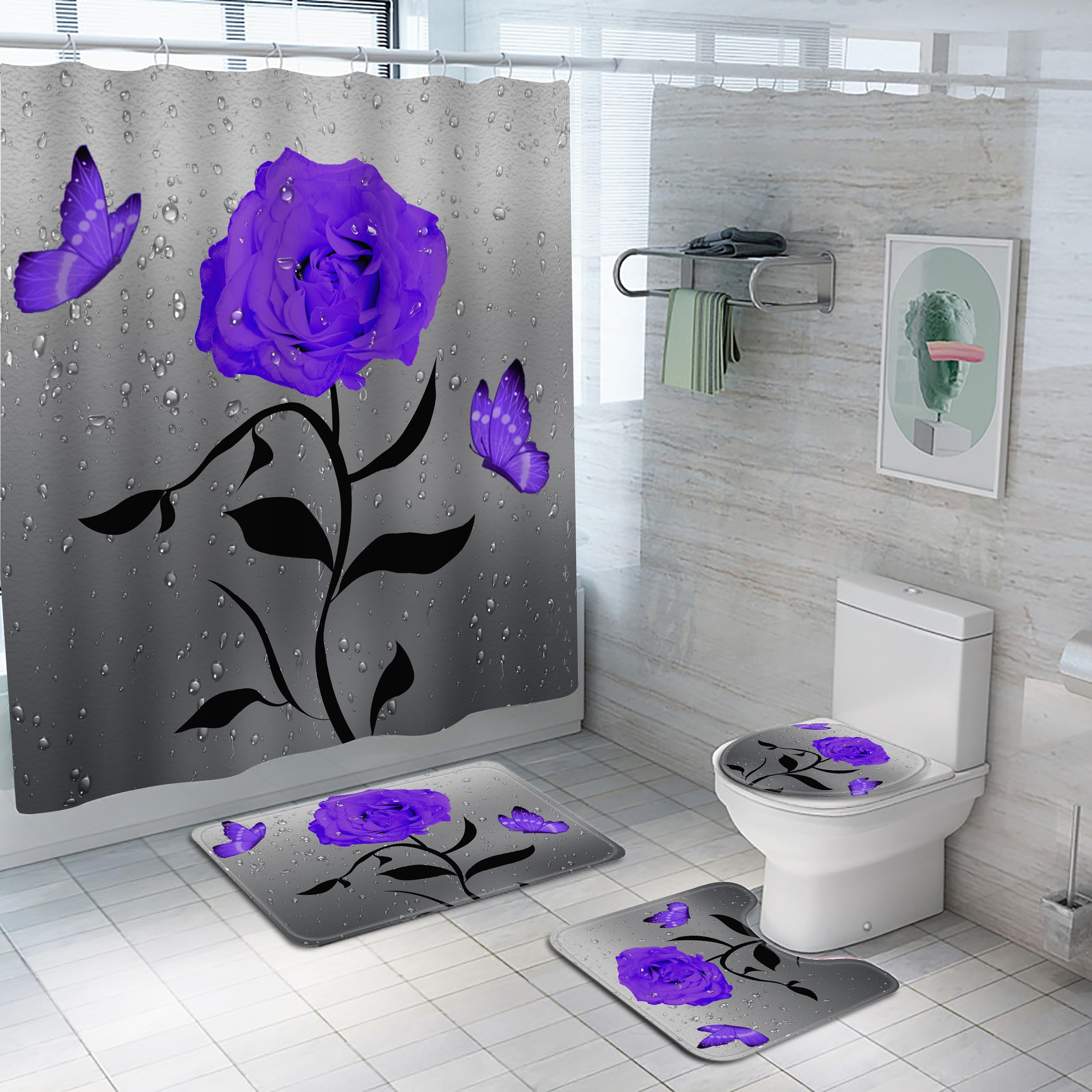 Planially 4Pcs Purple Rose Flower Shower Curtain Sets,Rose Flower Bathroom Sets with Shower Curtain, Toilet Lid Rug, Contour Mat and Bath Mat, 12 Hooks for Bathroom Set Decor,72 * 72In