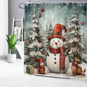 eobtain red christmas snowman shower curtain for bathroom xmas tree with balls and deer in the snow shower curtain with 12 hooks watercolor vintage farmhorse bathroom curtains shower set 78x72 inch