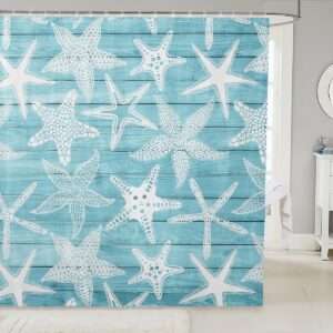 coastal sea creature shower curtains,farmhouse blue wooden stripes bath curtain,starfish cloth fabric bathroom decor set with hooks,78" long