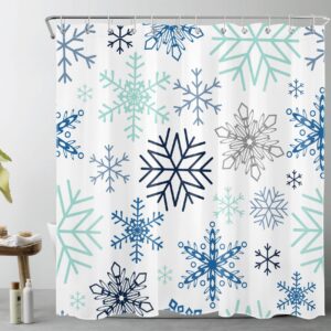 lb blue green snowflake shower curtain for bathroom, farmhouse christmas holiday winter fabric shower curtain with hooks, new year modern abstract bathroom curtain shower set, 72" w x 72" l