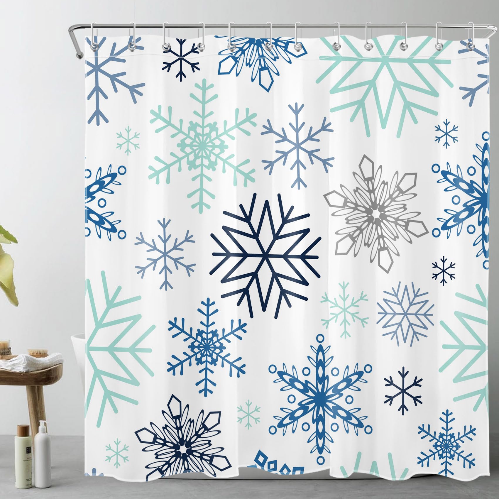 LB Blue Green Snowflake Shower Curtain for Bathroom, Farmhouse Christmas Holiday Winter Fabric Shower Curtain with Hooks, New Year Modern Abstract Bathroom Curtain Shower Set, 72" W x 72" L