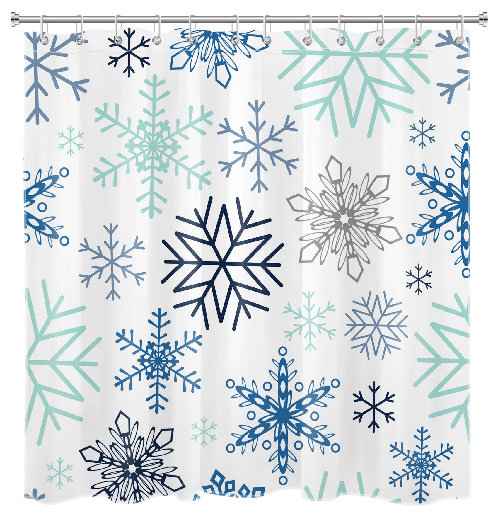 LB Blue Green Snowflake Shower Curtain for Bathroom, Farmhouse Christmas Holiday Winter Fabric Shower Curtain with Hooks, New Year Modern Abstract Bathroom Curtain Shower Set, 72" W x 72" L