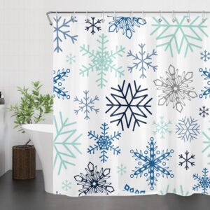 LB Blue Green Snowflake Shower Curtain for Bathroom, Farmhouse Christmas Holiday Winter Fabric Shower Curtain with Hooks, New Year Modern Abstract Bathroom Curtain Shower Set, 72" W x 72" L