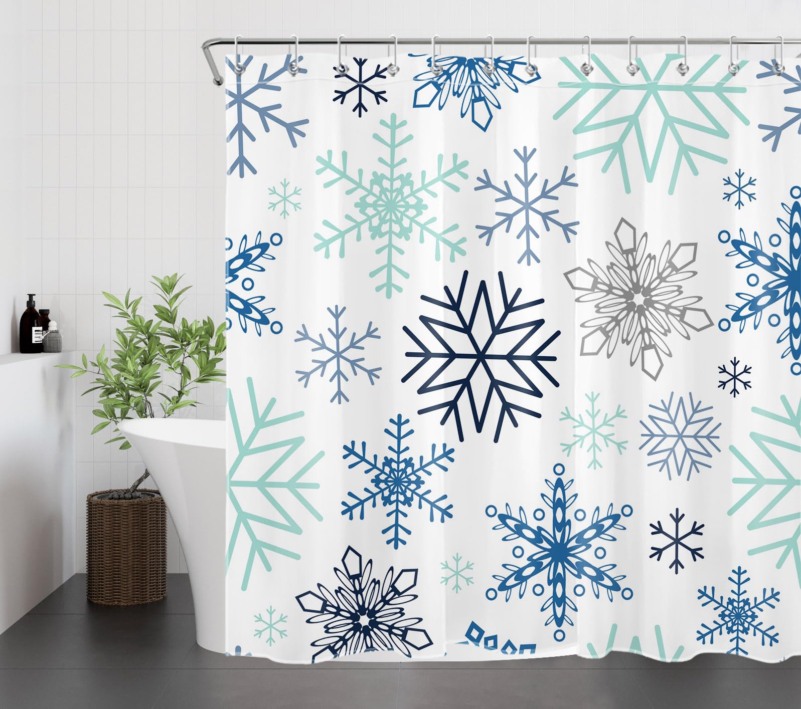 LB Blue Green Snowflake Shower Curtain for Bathroom, Farmhouse Christmas Holiday Winter Fabric Shower Curtain with Hooks, New Year Modern Abstract Bathroom Curtain Shower Set, 72" W x 72" L