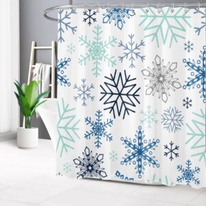 LB Blue Green Snowflake Shower Curtain for Bathroom, Farmhouse Christmas Holiday Winter Fabric Shower Curtain with Hooks, New Year Modern Abstract Bathroom Curtain Shower Set, 72" W x 72" L