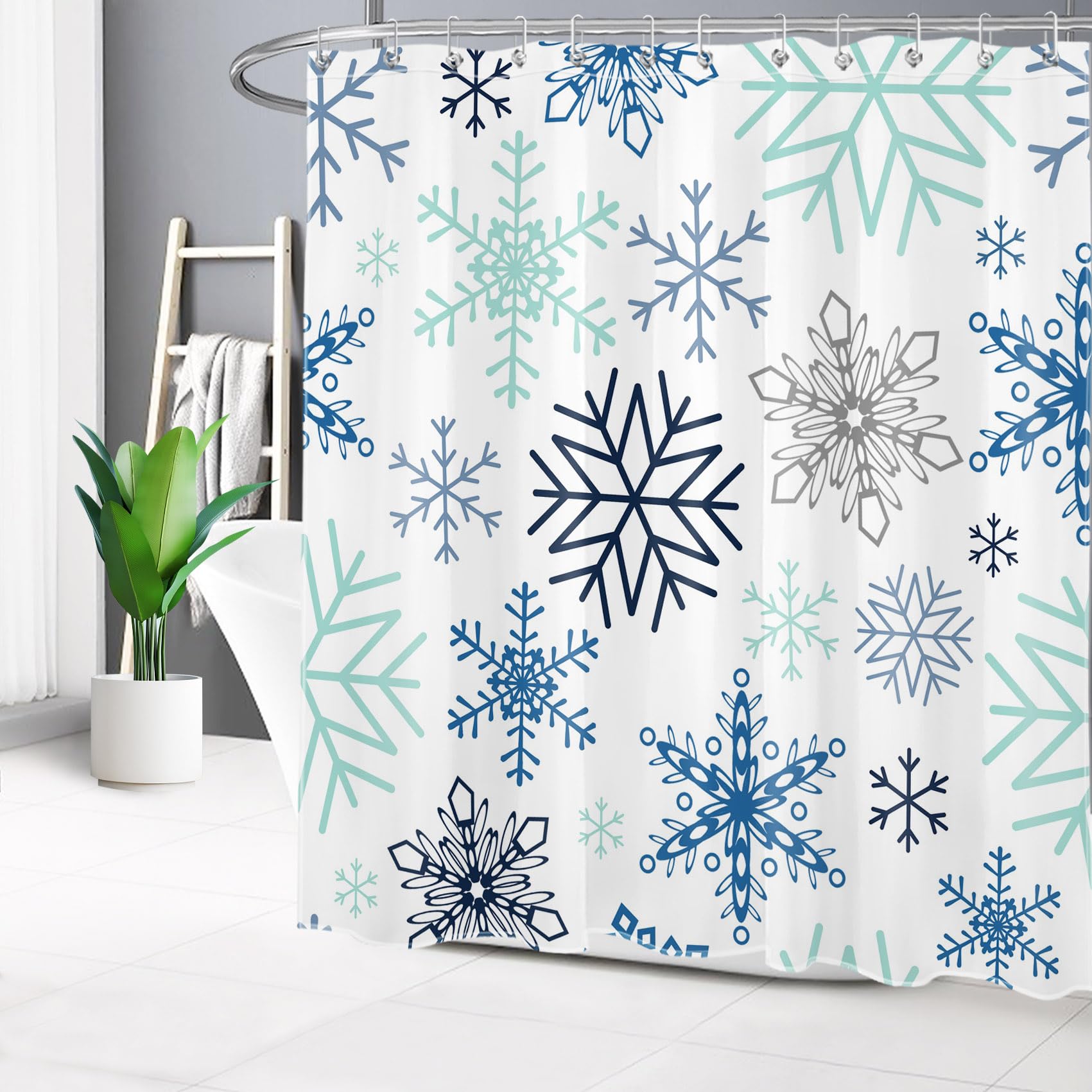 LB Blue Green Snowflake Shower Curtain for Bathroom, Farmhouse Christmas Holiday Winter Fabric Shower Curtain with Hooks, New Year Modern Abstract Bathroom Curtain Shower Set, 72" W x 72" L