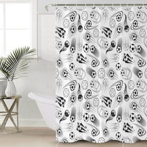 Minimalist Football Bathroom Set with Shower Curtain and Rug and Accessories,66x72 Inches Long Bathtub Curtain with Small Bath Mat,Bathtub Floor Runner Rug Set,12 Hooks Sports Theme Black White