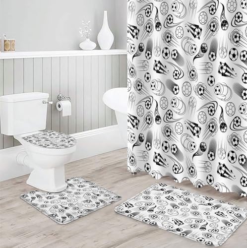 Minimalist Football Bathroom Set with Shower Curtain and Rug and Accessories,66x72 Inches Long Bathtub Curtain with Small Bath Mat,Bathtub Floor Runner Rug Set,12 Hooks Sports Theme Black White