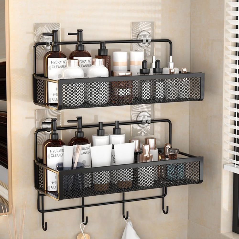 2 Pack Shower Caddy Shelf Organizer Rack, Bathroom Shelves Basket, Adhesive Black Bathroom Accessories, Save Space with Hooks, Toiletries Organization And No Drilling Shower Shelves (White)