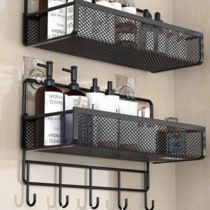 2 Pack Shower Caddy Shelf Organizer Rack, Bathroom Shelves Basket, Adhesive Black Bathroom Accessories, Save Space with Hooks, Toiletries Organization And No Drilling Shower Shelves (White)