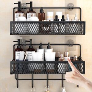 2 Pack Shower Caddy Shelf Organizer Rack, Bathroom Shelves Basket, Adhesive Black Bathroom Accessories, Save Space with Hooks, Toiletries Organization And No Drilling Shower Shelves (White)