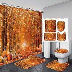 4pcs fall shower curtain bathroom sets with rugs, toilet lid cover and bath mat, autumn shower curtain with 12 hooks, pumpkin maple leaves shower curtain for thanksgiving bathroom decor set