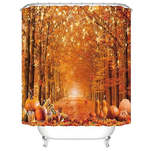 4PCS Fall Shower Curtain Bathroom Sets with Rugs, Toilet Lid Cover and Bath Mat, Autumn Shower Curtain with 12 Hooks, Pumpkin Maple Leaves Shower Curtain for Thanksgiving Bathroom Decor Set