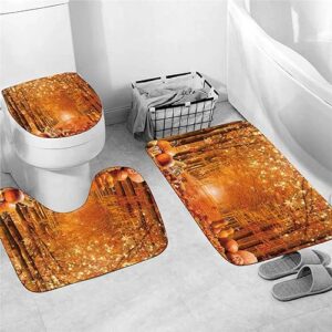 4PCS Fall Shower Curtain Bathroom Sets with Rugs, Toilet Lid Cover and Bath Mat, Autumn Shower Curtain with 12 Hooks, Pumpkin Maple Leaves Shower Curtain for Thanksgiving Bathroom Decor Set