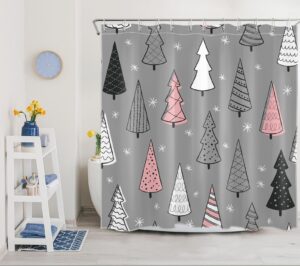 lb christmas tree shower curtain black and white pink xmas tree with snowflake grey bathroom shower curtain winter holiday bathroom decor with hooks 72lx72w inch waterproof polyester bath curtain