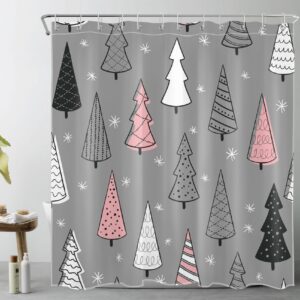 LB Christmas Tree Shower Curtain Black and White Pink XMAS Tree with Snowflake Grey Bathroom Shower Curtain Winter Holiday Bathroom Decor with Hooks 72Lx72W Inch Waterproof Polyester Bath Curtain