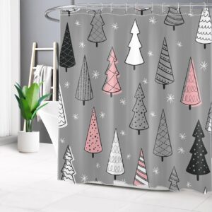 LB Christmas Tree Shower Curtain Black and White Pink XMAS Tree with Snowflake Grey Bathroom Shower Curtain Winter Holiday Bathroom Decor with Hooks 72Lx72W Inch Waterproof Polyester Bath Curtain