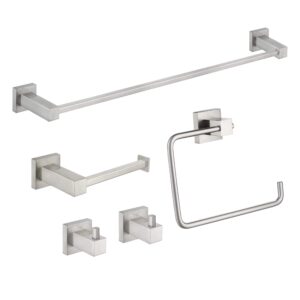 kibi cube bathroom hardware set 5 piece bathroom accessories set | towel bar (24"), towel ring, toilet paper holder, robe hooks (brushed nickel) (c-kba15-5-1)