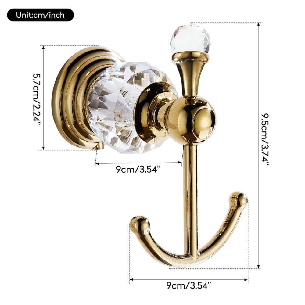 Urjumpea Crystal Towel Hook Stainless Steel Gold Bathroom Robe Hooks Double Coat Clothes Hanger Hook Wall Mounted Vintage Wall Hanger