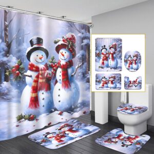 xvwj 4pcs christmas tree snowman shower curtain set with rugs, dreamy snowman couples bathroom set with shower curtains with hooks, waterproof fabric christmas bathroom decorations shower curtain set