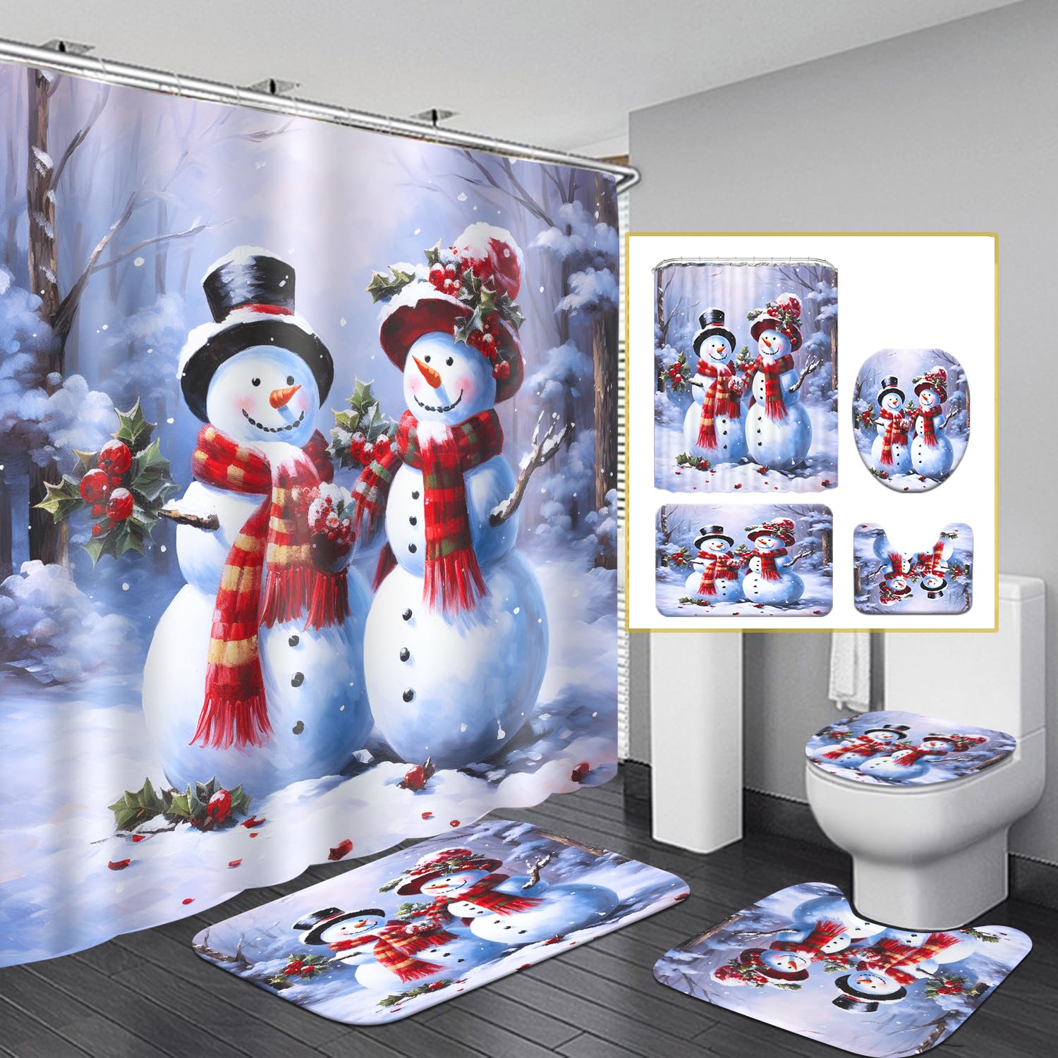 XVWJ 4Pcs Christmas Tree Snowman Shower Curtain Set with Rugs, Dreamy Snowman Couples Bathroom Set with Shower Curtains with Hooks, Waterproof Fabric Christmas Bathroom Decorations Shower Curtain Set