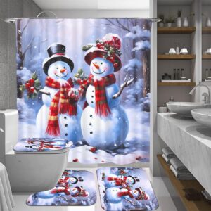 XVWJ 4Pcs Christmas Tree Snowman Shower Curtain Set with Rugs, Dreamy Snowman Couples Bathroom Set with Shower Curtains with Hooks, Waterproof Fabric Christmas Bathroom Decorations Shower Curtain Set