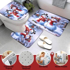 XVWJ 4Pcs Christmas Tree Snowman Shower Curtain Set with Rugs, Dreamy Snowman Couples Bathroom Set with Shower Curtains with Hooks, Waterproof Fabric Christmas Bathroom Decorations Shower Curtain Set