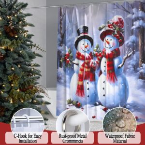 XVWJ 4Pcs Christmas Tree Snowman Shower Curtain Set with Rugs, Dreamy Snowman Couples Bathroom Set with Shower Curtains with Hooks, Waterproof Fabric Christmas Bathroom Decorations Shower Curtain Set