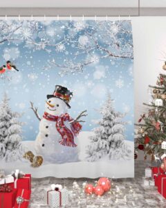 bemigo christmas tree snowman shower curtains for bathroom, xmas tree farmhouse fabric waterproof shower curtain set with hooks, christmas vacation decorations bathroom accessories 72x72inch