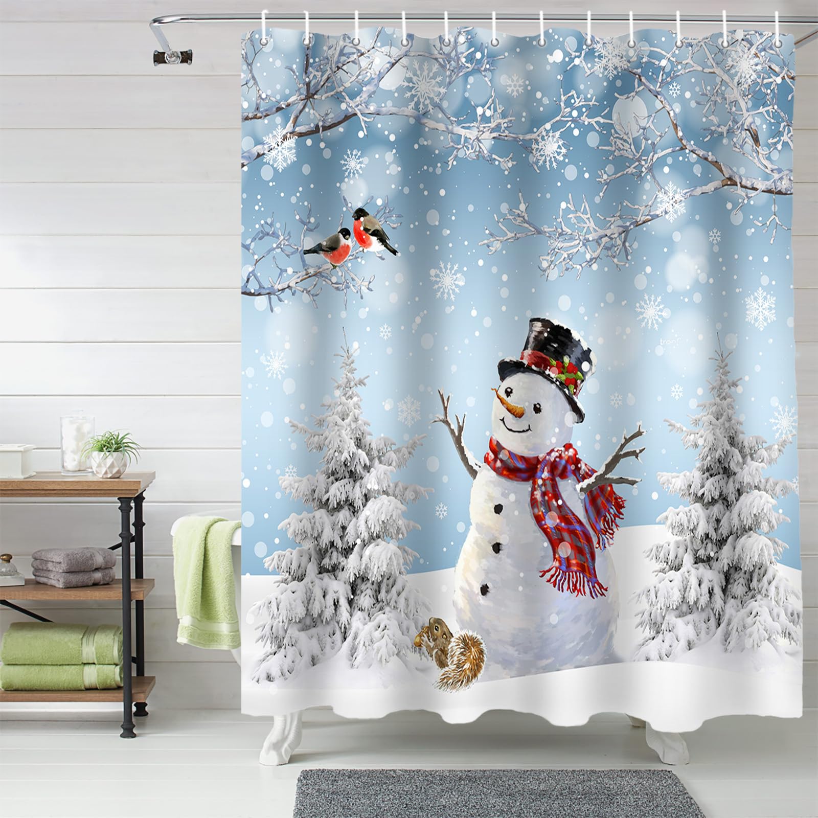 BEMIGO Christmas Tree Snowman Shower Curtains for Bathroom, Xmas Tree Farmhouse Fabric Waterproof Shower Curtain Set with Hooks, Christmas Vacation Decorations Bathroom Accessories 72x72inch