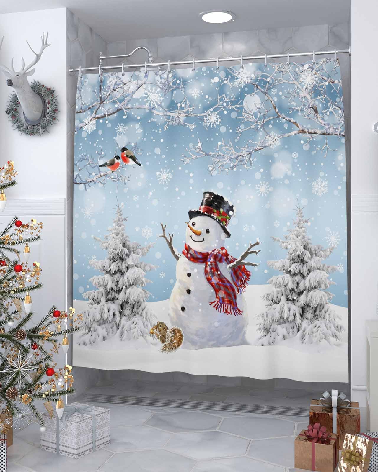 BEMIGO Christmas Tree Snowman Shower Curtains for Bathroom, Xmas Tree Farmhouse Fabric Waterproof Shower Curtain Set with Hooks, Christmas Vacation Decorations Bathroom Accessories 72x72inch