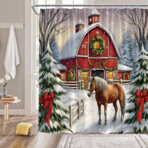 WANVYON Christmas Shower Curtain Farm Horse Farmhouse Barn Snowy Pine Trees Rustic Winter Holiday Bathroom Decor Polyester Curtains with Hooks