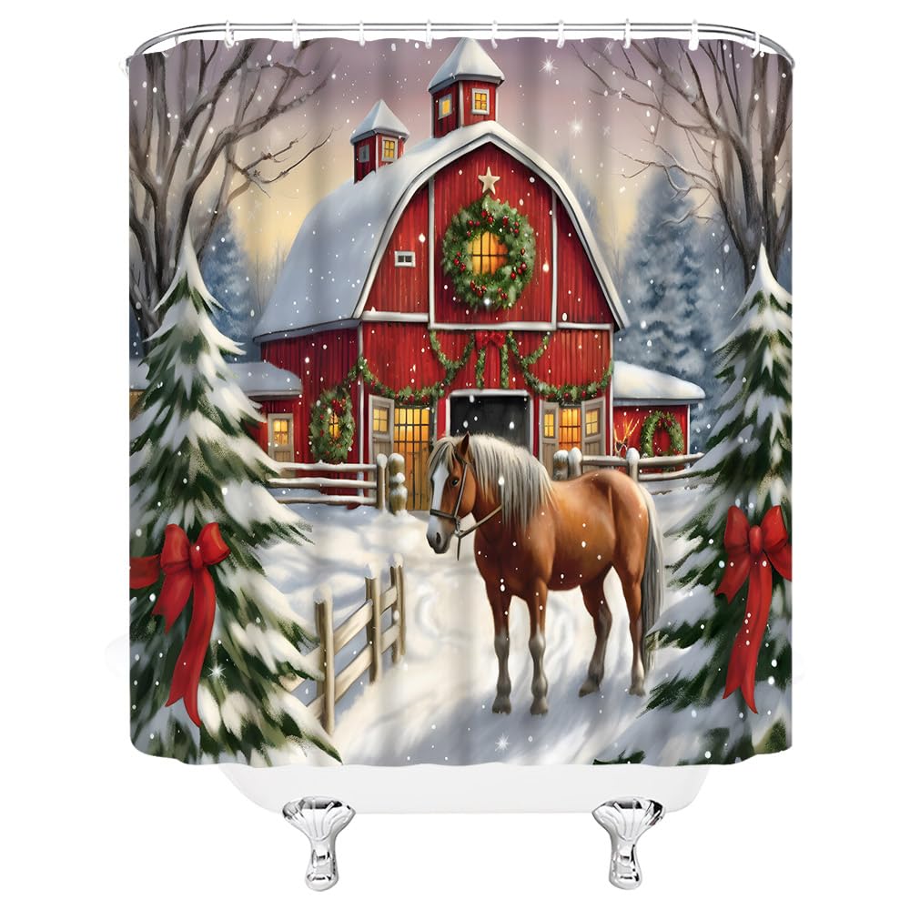 WANVYON Christmas Shower Curtain Farm Horse Farmhouse Barn Snowy Pine Trees Rustic Winter Holiday Bathroom Decor Polyester Curtains with Hooks