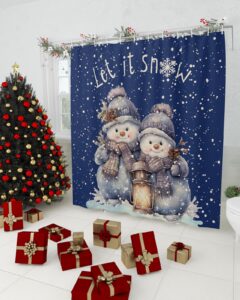 navy blue snowman christmas shower curtain, xmas pine cones botanical stall shower curtains for bathroom/bathtub, winter snowflake waterproof fabric shower curtain set with 12 hooks, standard 72"x72"