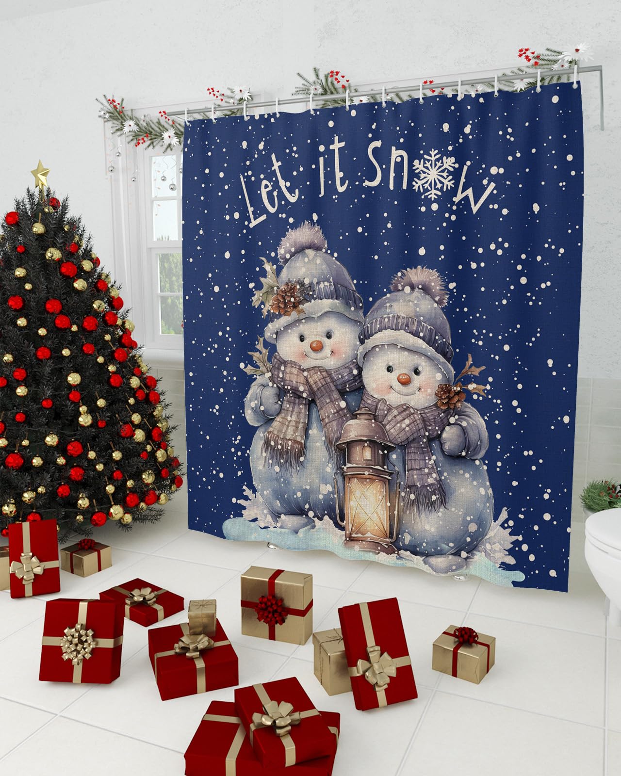 Navy Blue Snowman Christmas Shower Curtain, Xmas Pine Cones Botanical Stall Shower Curtains for Bathroom/Bathtub, Winter Snowflake Waterproof Fabric Shower Curtain Set with 12 Hooks, Standard 72"x72"