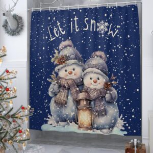 Navy Blue Snowman Christmas Shower Curtain, Xmas Pine Cones Botanical Stall Shower Curtains for Bathroom/Bathtub, Winter Snowflake Waterproof Fabric Shower Curtain Set with 12 Hooks, Standard 72"x72"