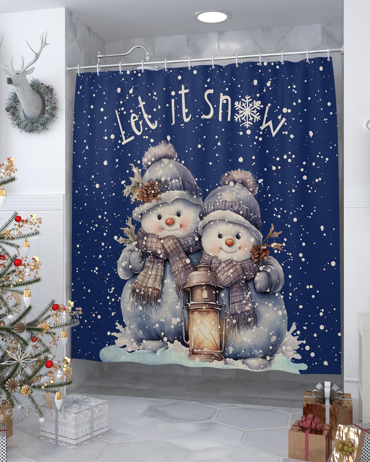 Navy Blue Snowman Christmas Shower Curtain, Xmas Pine Cones Botanical Stall Shower Curtains for Bathroom/Bathtub, Winter Snowflake Waterproof Fabric Shower Curtain Set with 12 Hooks, Standard 72"x72"