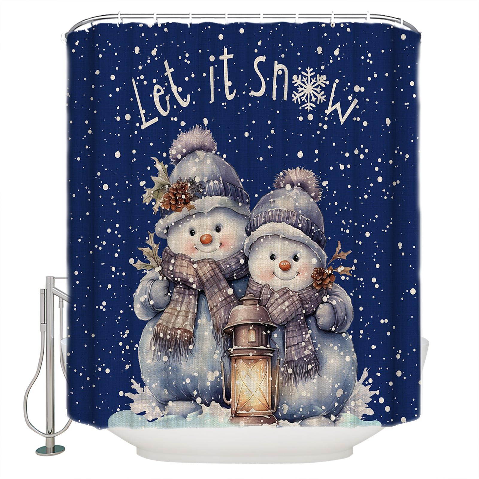 Navy Blue Snowman Christmas Shower Curtain, Xmas Pine Cones Botanical Stall Shower Curtains for Bathroom/Bathtub, Winter Snowflake Waterproof Fabric Shower Curtain Set with 12 Hooks, Standard 72"x72"