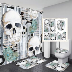 rinrinfam 4pcs skull shower curtain set, helloween abstract art butterfly skull shower curtain set non-slip rug,toilet lid cover,u shape mat,waterproof bathroom decor sets with 12 hooks,blue gray