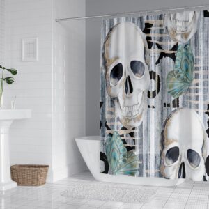 RinRinfam 4Pcs Skull Shower Curtain Set, Helloween Abstract Art Butterfly Skull Shower Curtain Set Non-Slip Rug,Toilet Lid Cover,U Shape Mat,Waterproof Bathroom Decor Sets with 12 Hooks,Blue Gray