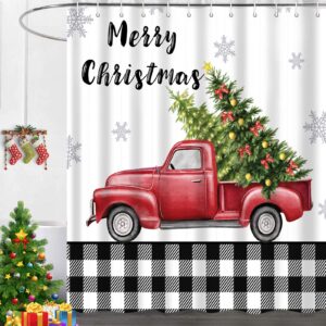 itapnoom merry christmas shower curtain, christmas tree on the red truck and snowflake winter holiday party farmhouse,waterproof polyester durable cloth fabric bathroom decor set with hooks,72x72