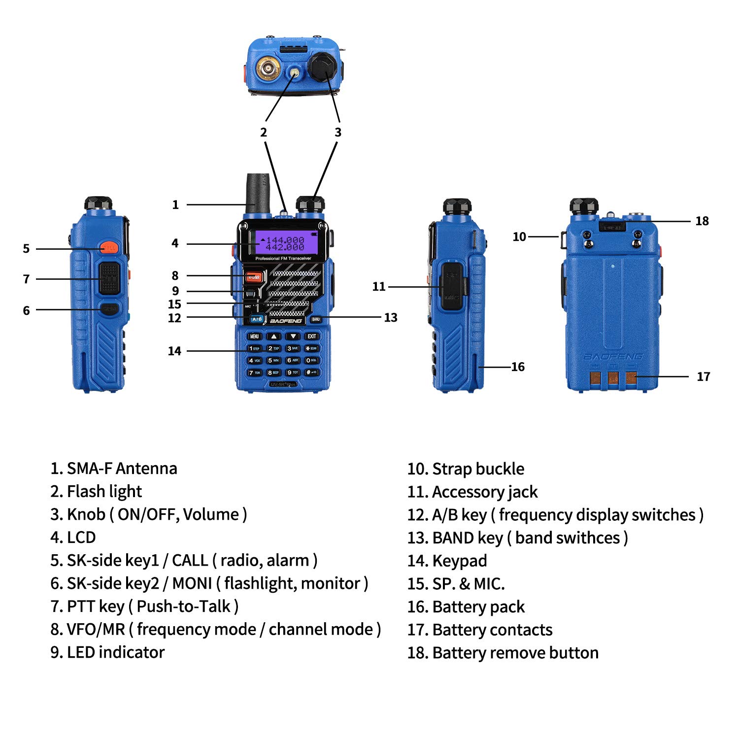 BAOFENG UV-5R+ Plus Two Way Radio, Long Range for Adults Rechargeable with Earpiece, Walkie Talkie for Outdoors, 144-148 420-450MHz, Qualette Series, Royal Blue